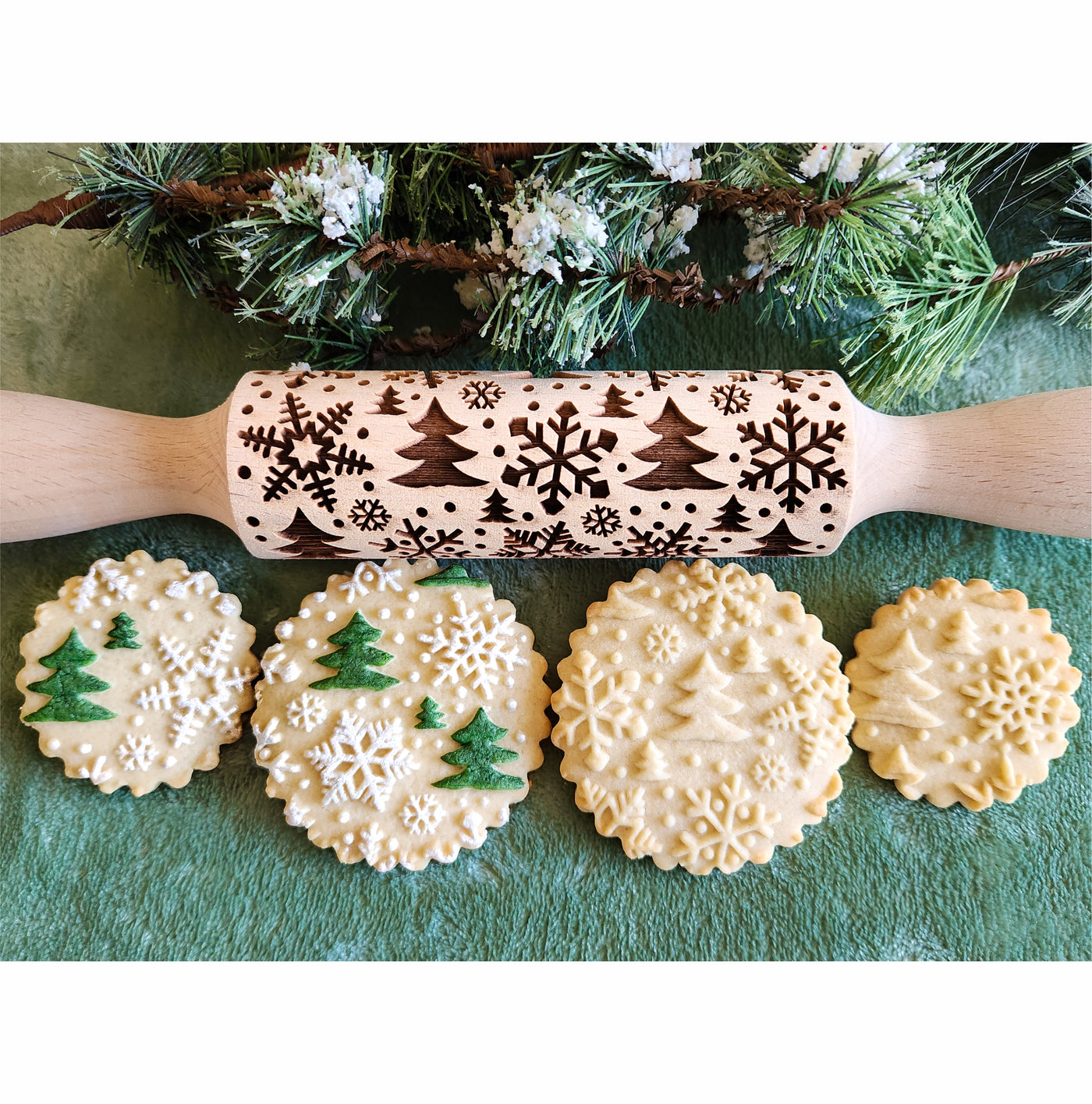 Snowflakes & Woodland Pine Trees Embossed Rolling Pin – Impress! Bakeware